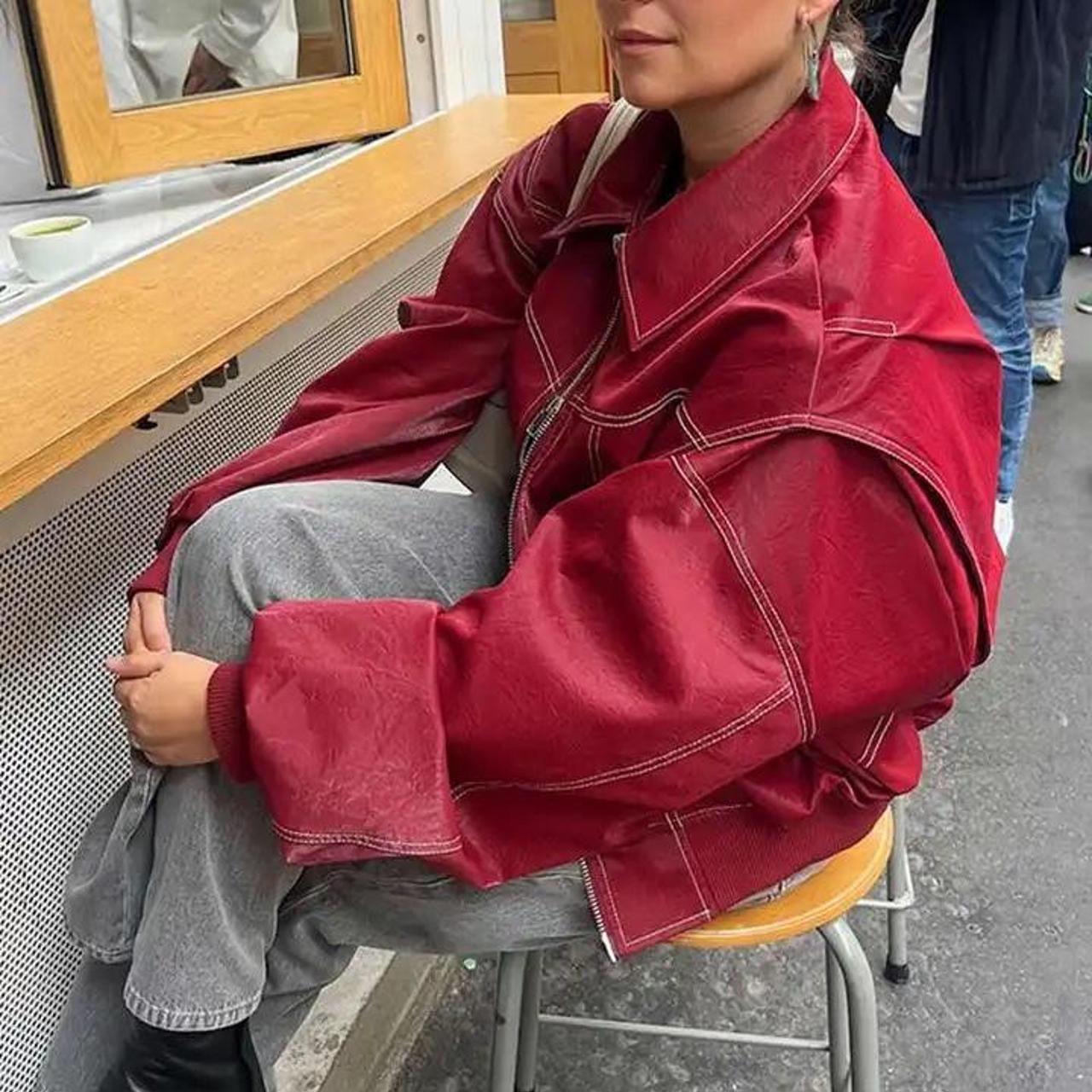 VINTAGE RED RACER JACKET 💋♥️ Faux leather jacket in a... - Depop