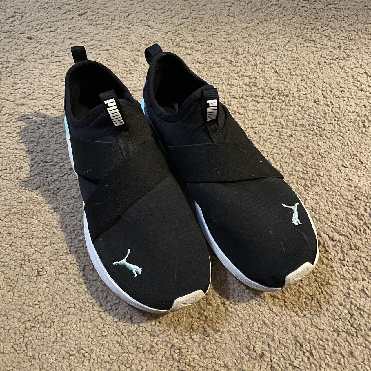 Black and teal Puma Soft Foam slide on shoes - Depop