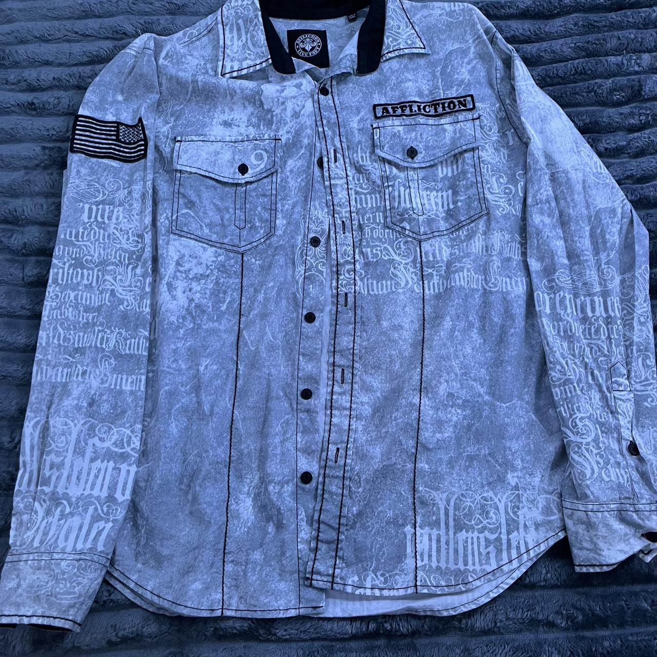 Affliction white and black button-up shirt | Depop