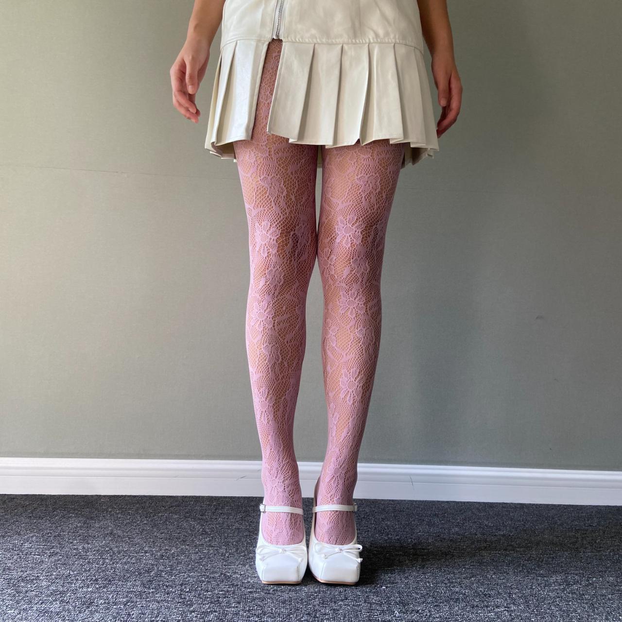 -Pink flowers pattern tights -one size... - Depop