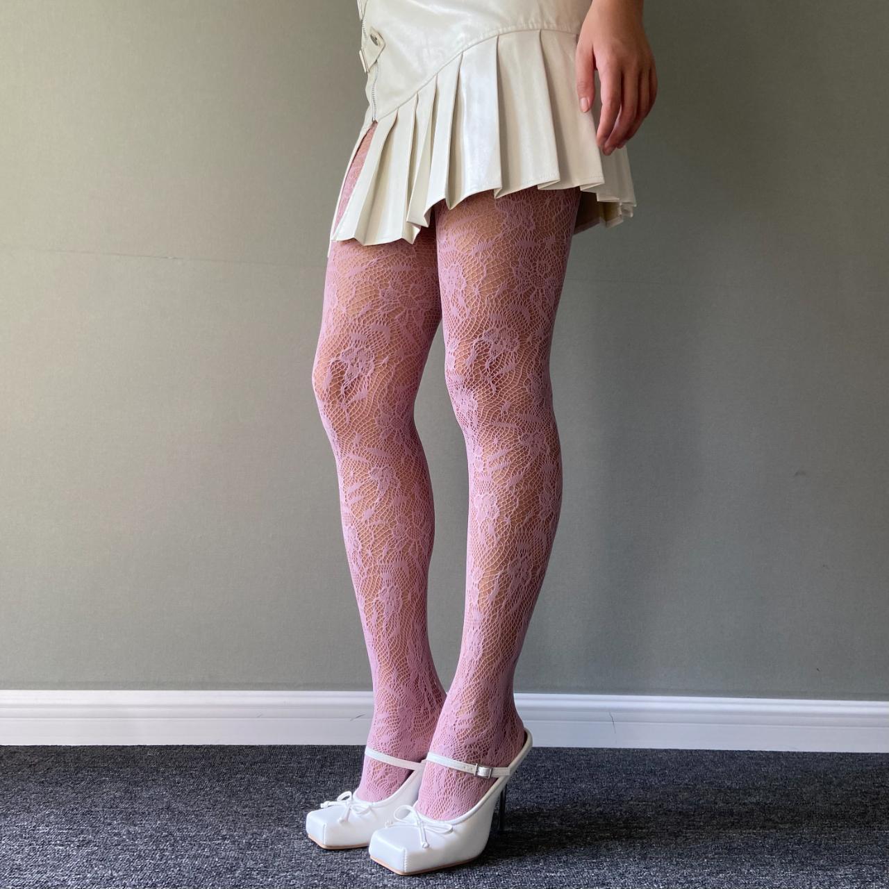 -Pink flowers pattern tights -one size... - Depop