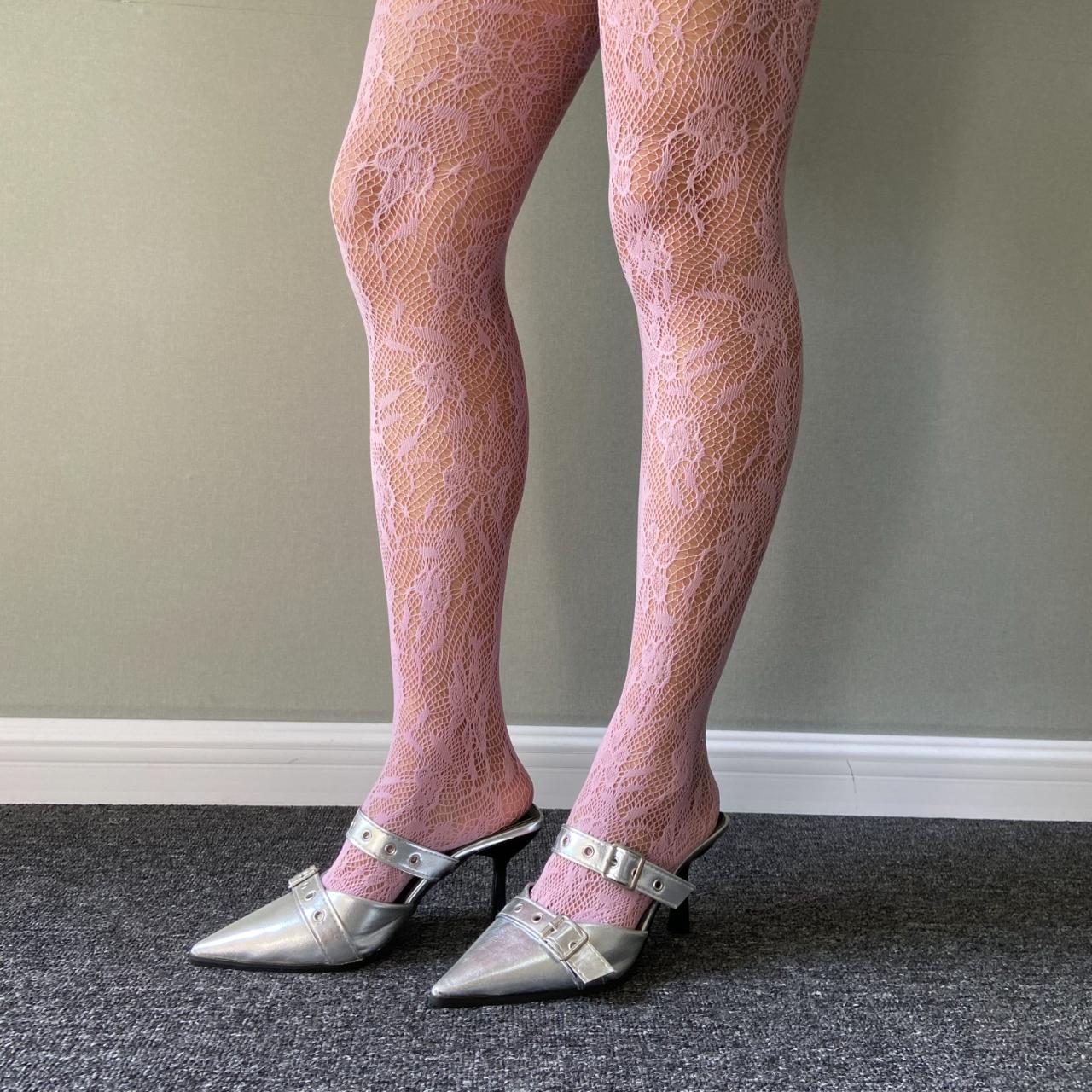 -Pink flowers pattern tights -one size... - Depop