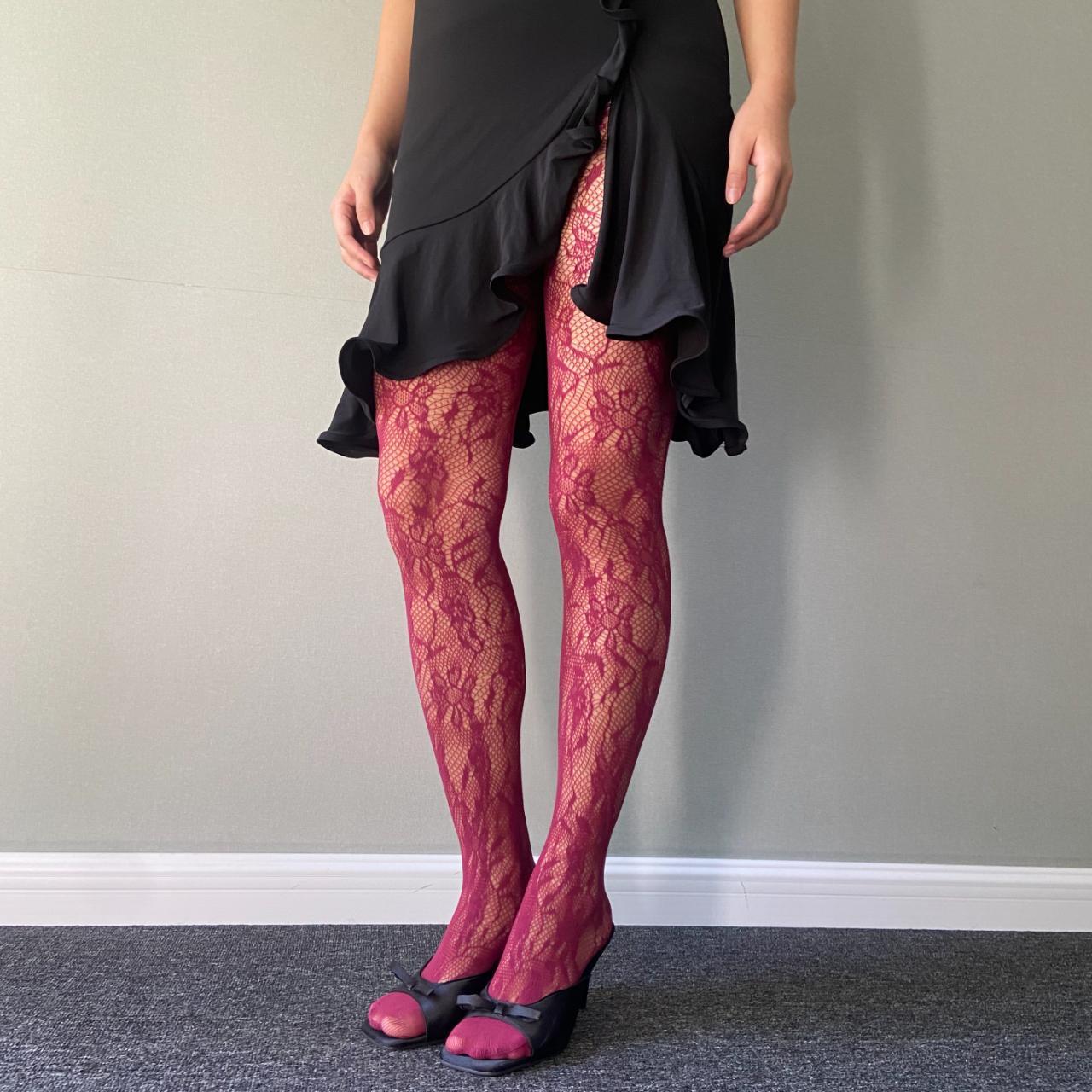 -burgundy flowers pattern tights -one size... - Depop