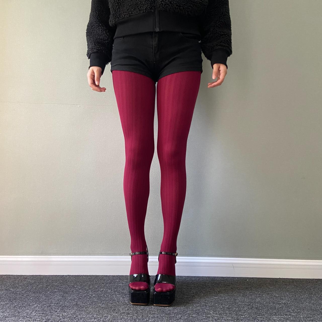 -burgundy embossed wheat pattern tights -one size... | Depop