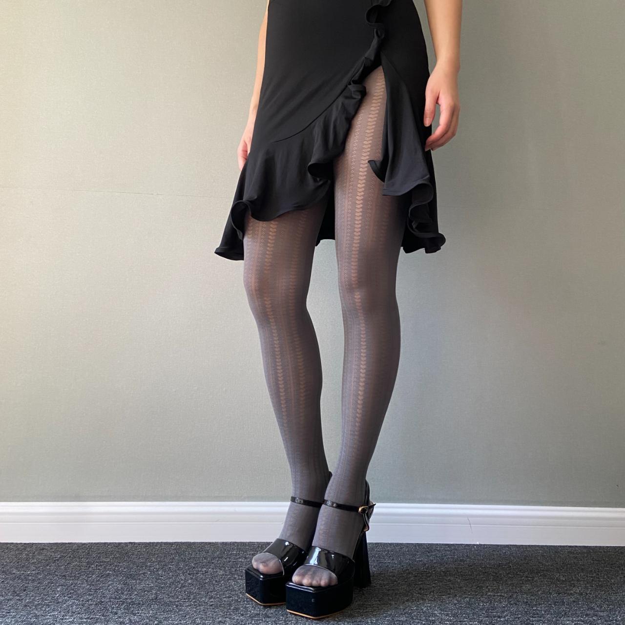 -gray heart-shaped vertical striped tights -one size... | Depop