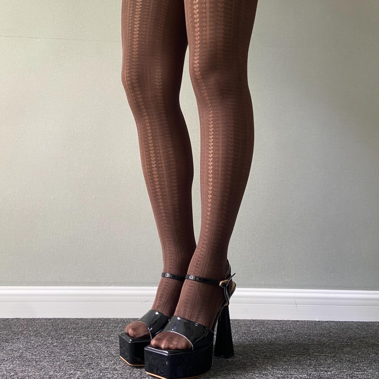 -Brown heart-shaped vertical striped tights -one... | Depop