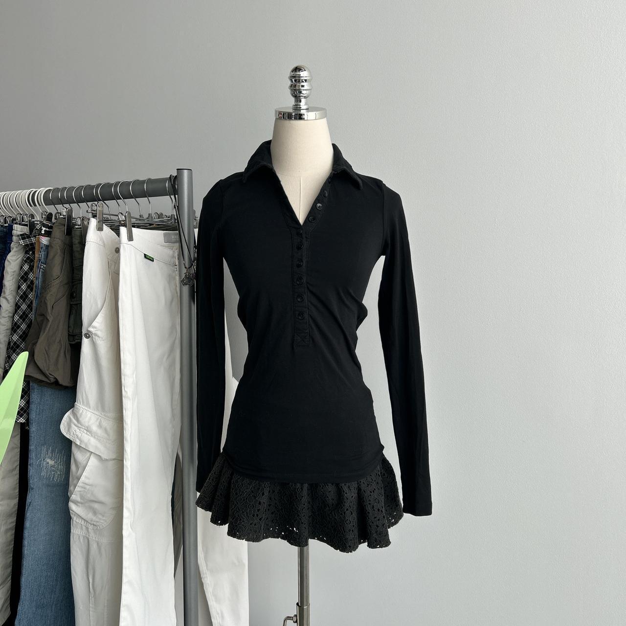 vintage y2k fitted black long sleeve polo top tight... | Depop
