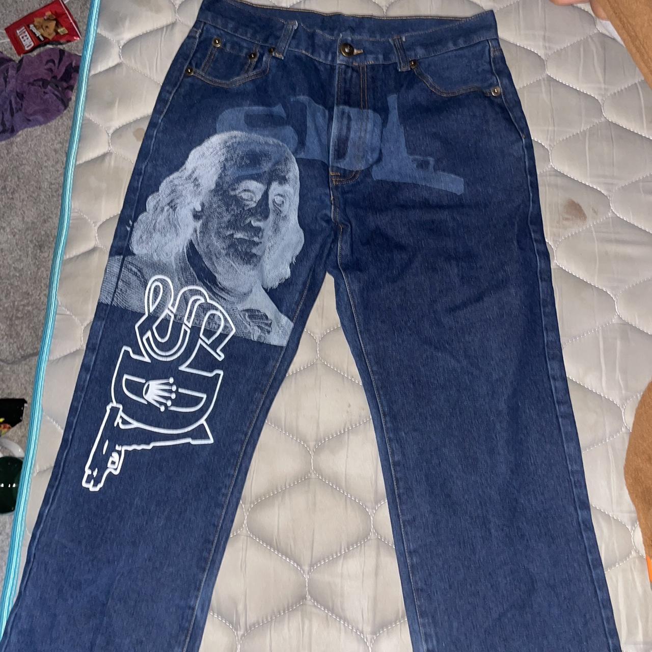 SDL Custom blue and navy jeans with a unique design.... - Depop