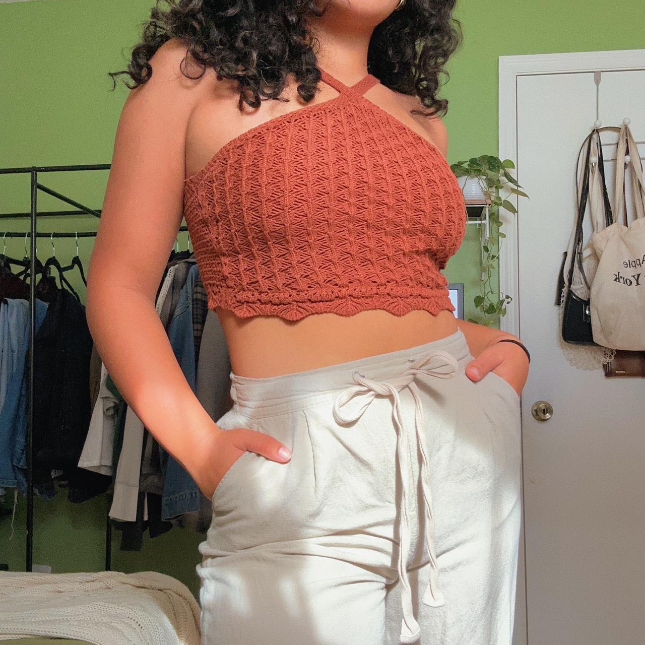adorable brown crochet criss-cross halter top for... - Depop
