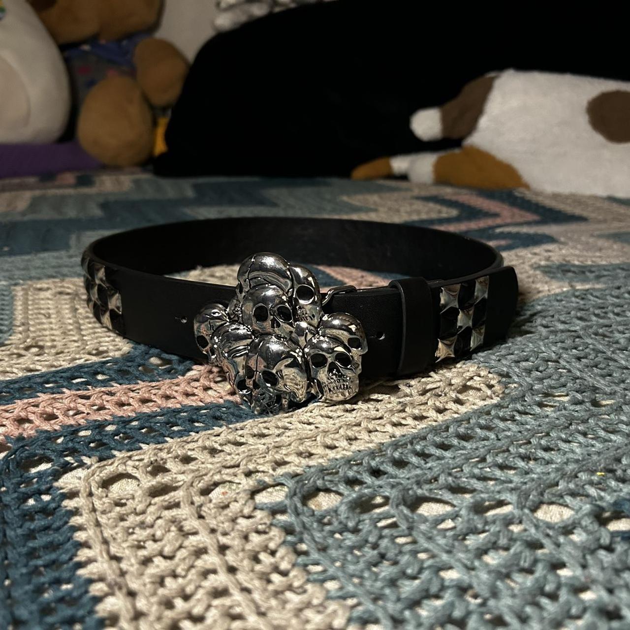 hot topic checker studded skull belt !! never really... | Depop