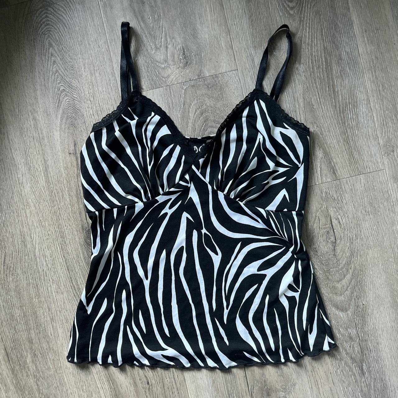Black and white zebra print cami top with lace trim,... | Depop