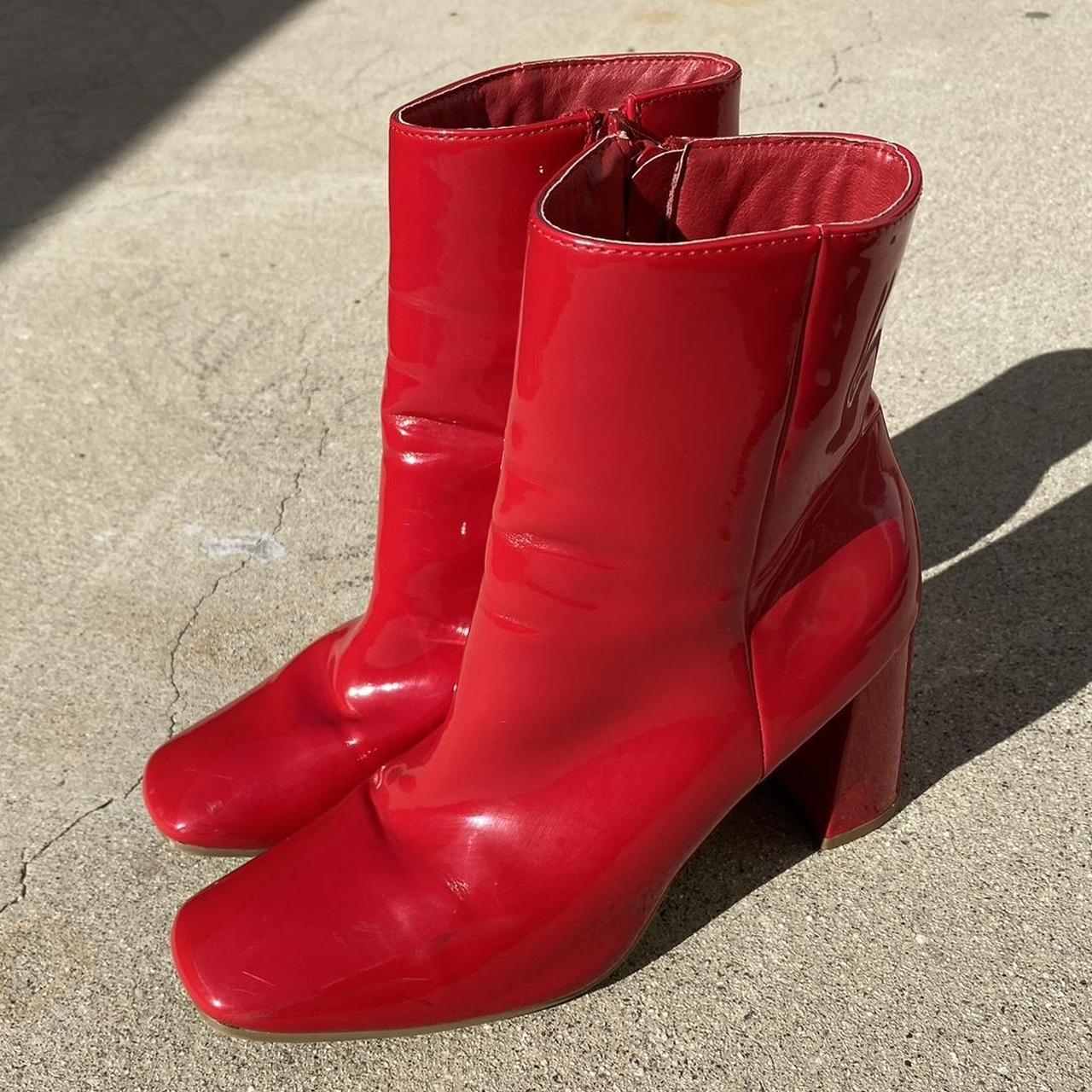 Red chunky heel boots Red boots Mid heel Vibrant... - Depop