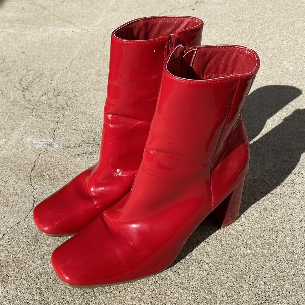Red chunky heel boots Red boots Mid heel Vibrant... - Depop