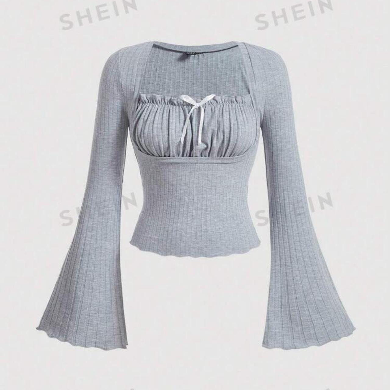 coquette ruched bust long sleeve grey top super... - Depop