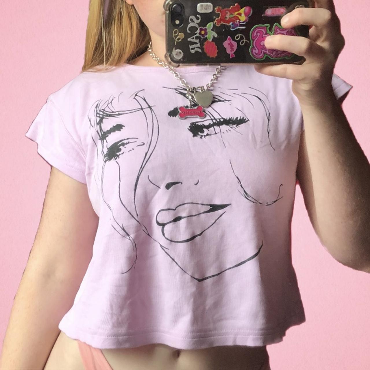 Pink Baby tee 💘 size small w face on it x Y2K style - Depop
