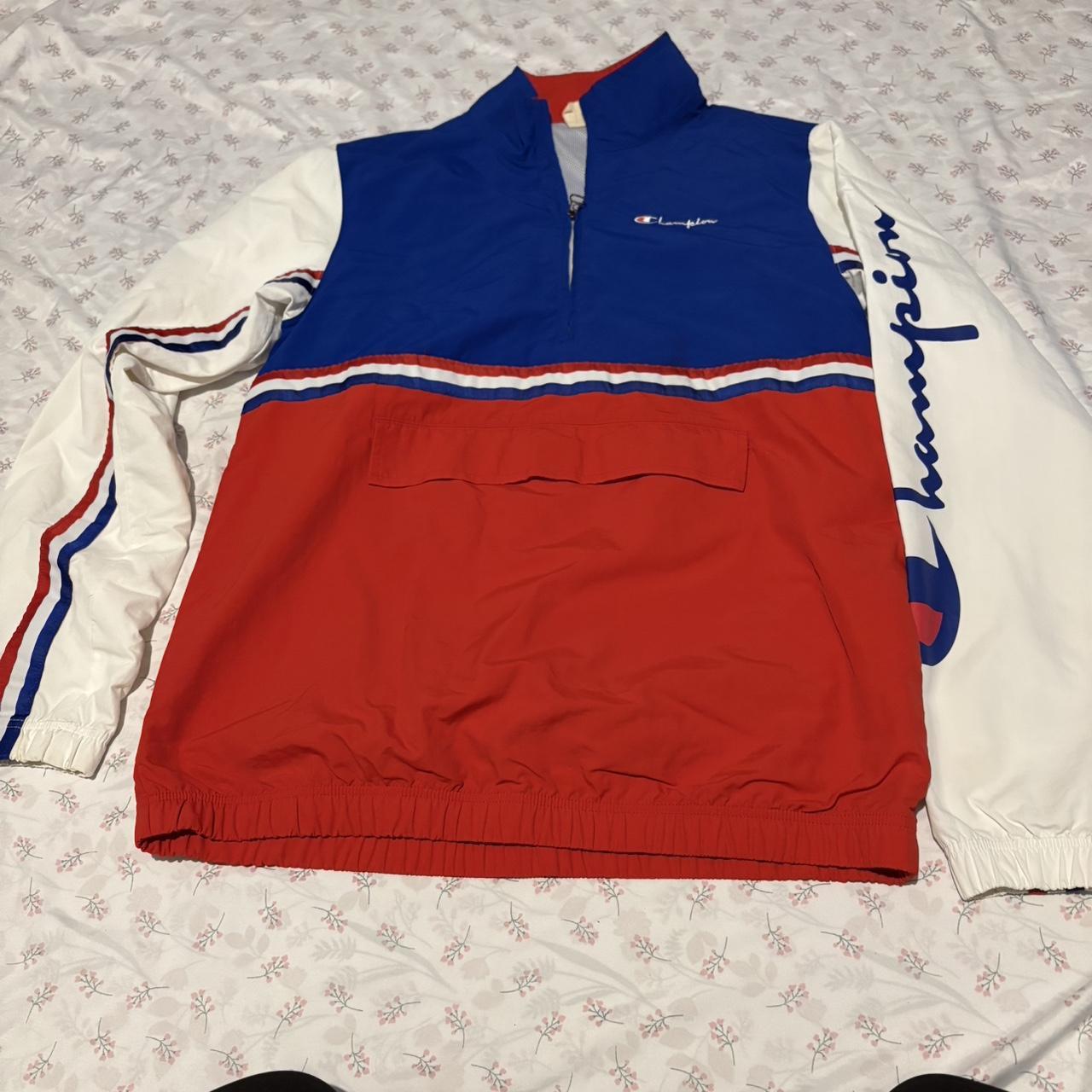 Champion red and blue quarter zip windbreaker - Depop