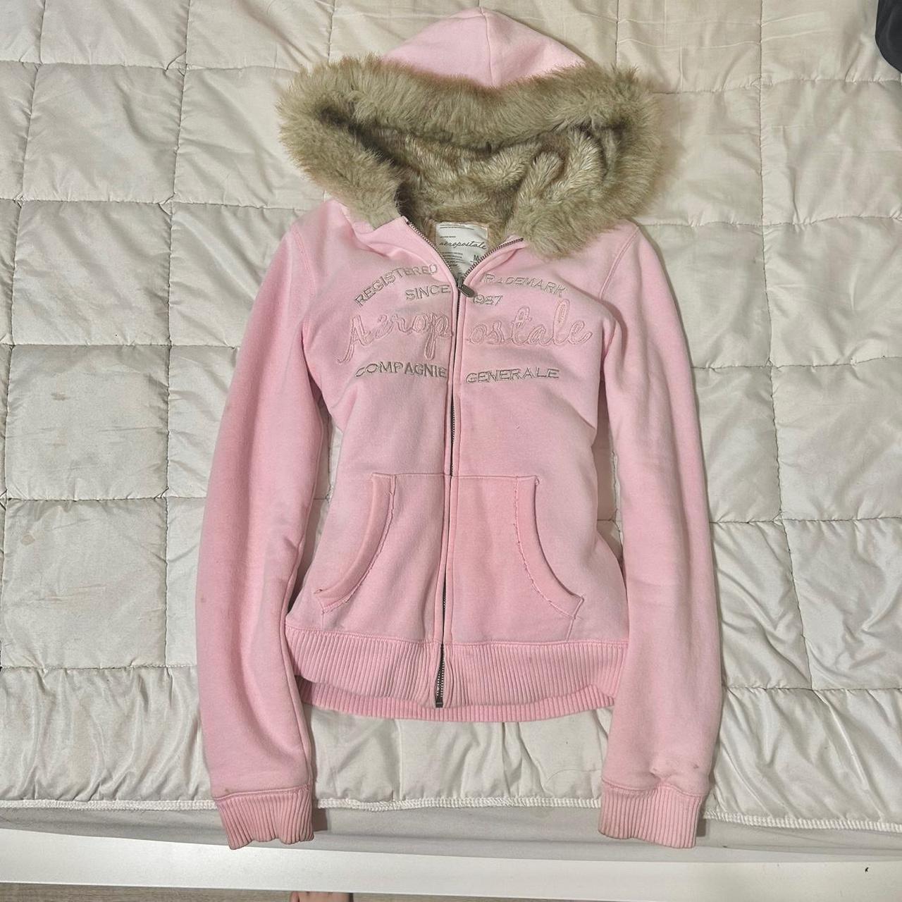 pink aeropostale zip up fur hoodie rare jacket with... | Depop