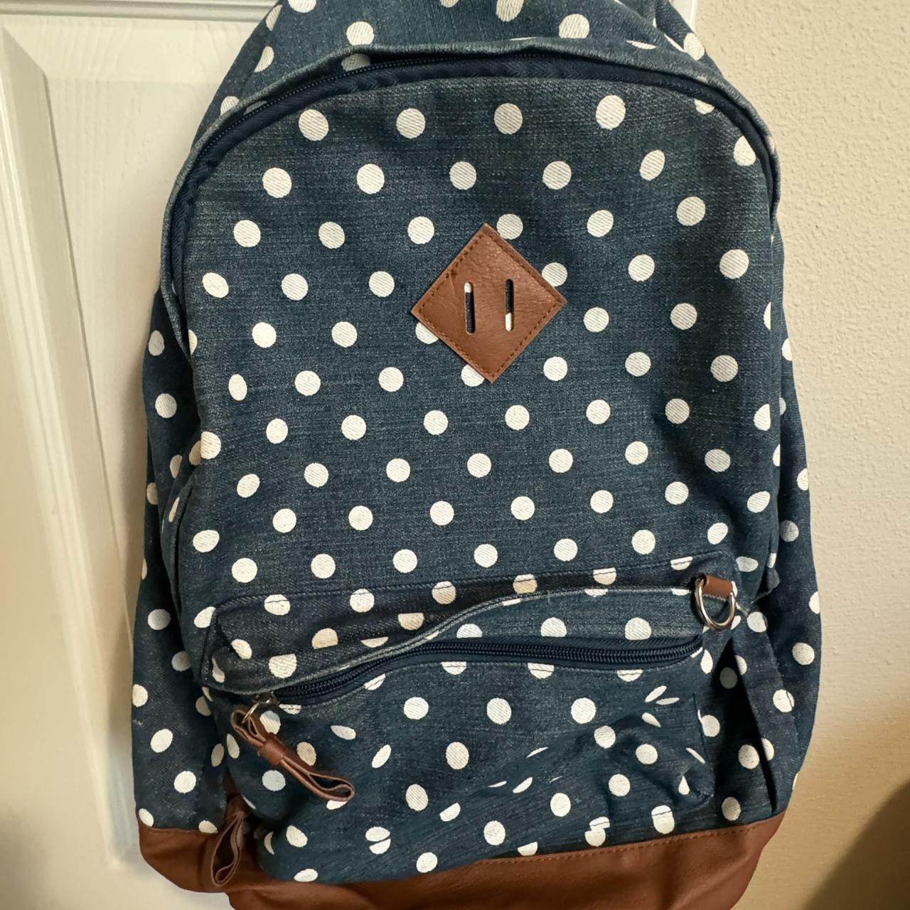 Candies Backpack in Blue and White Polka Dots - Depop