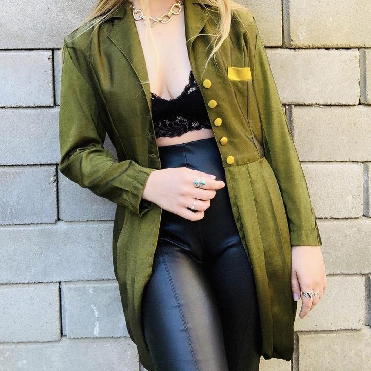 Unique Vintage Olive Green Duster // Ruffled Hem... - Depop