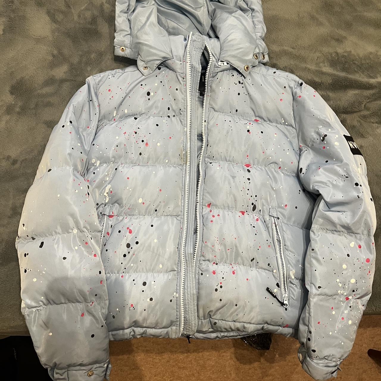 Baby blue paint splatter coat #pufferjacket | Depop