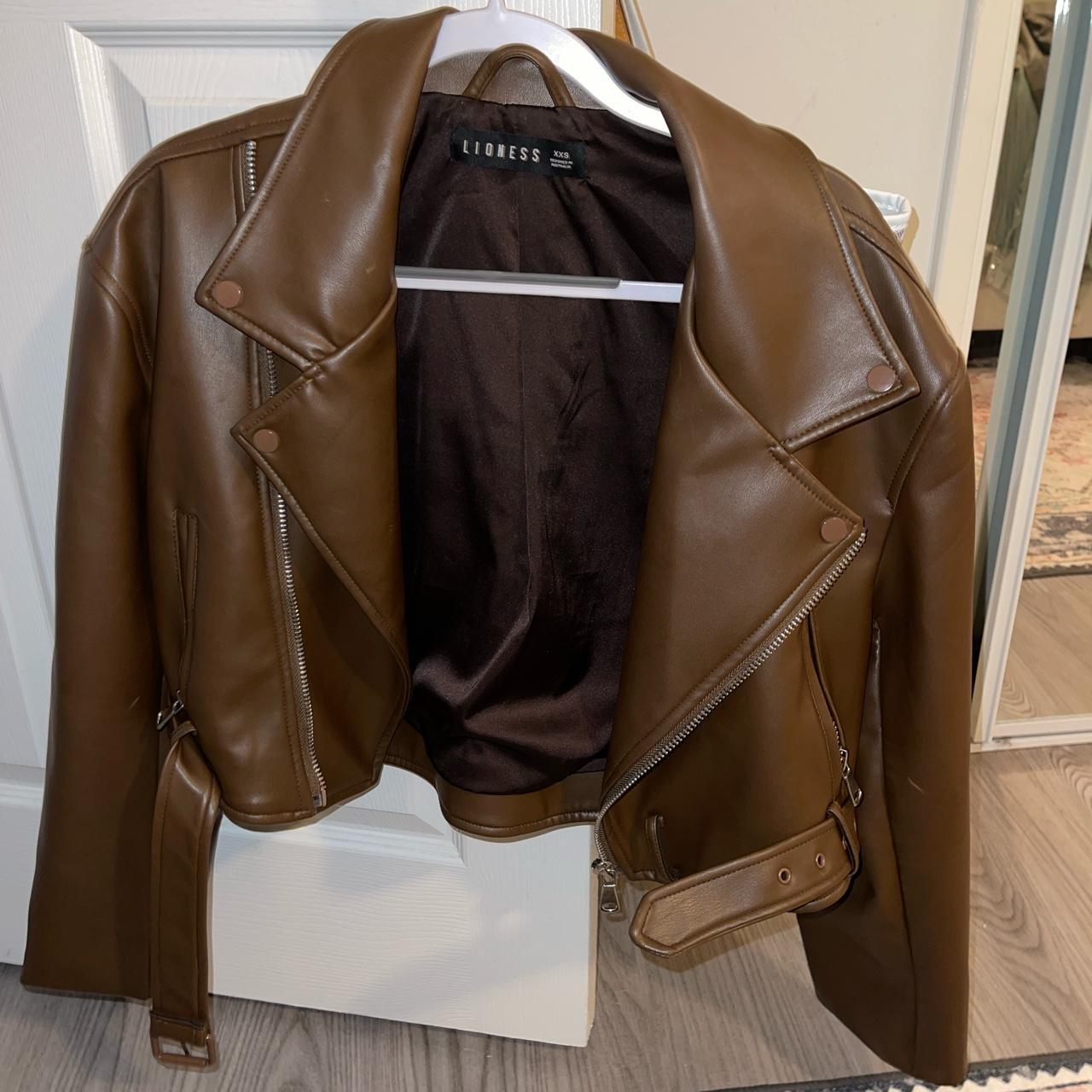 Lioness Brown Leather Jacket Size Xxs Fits Super Depop