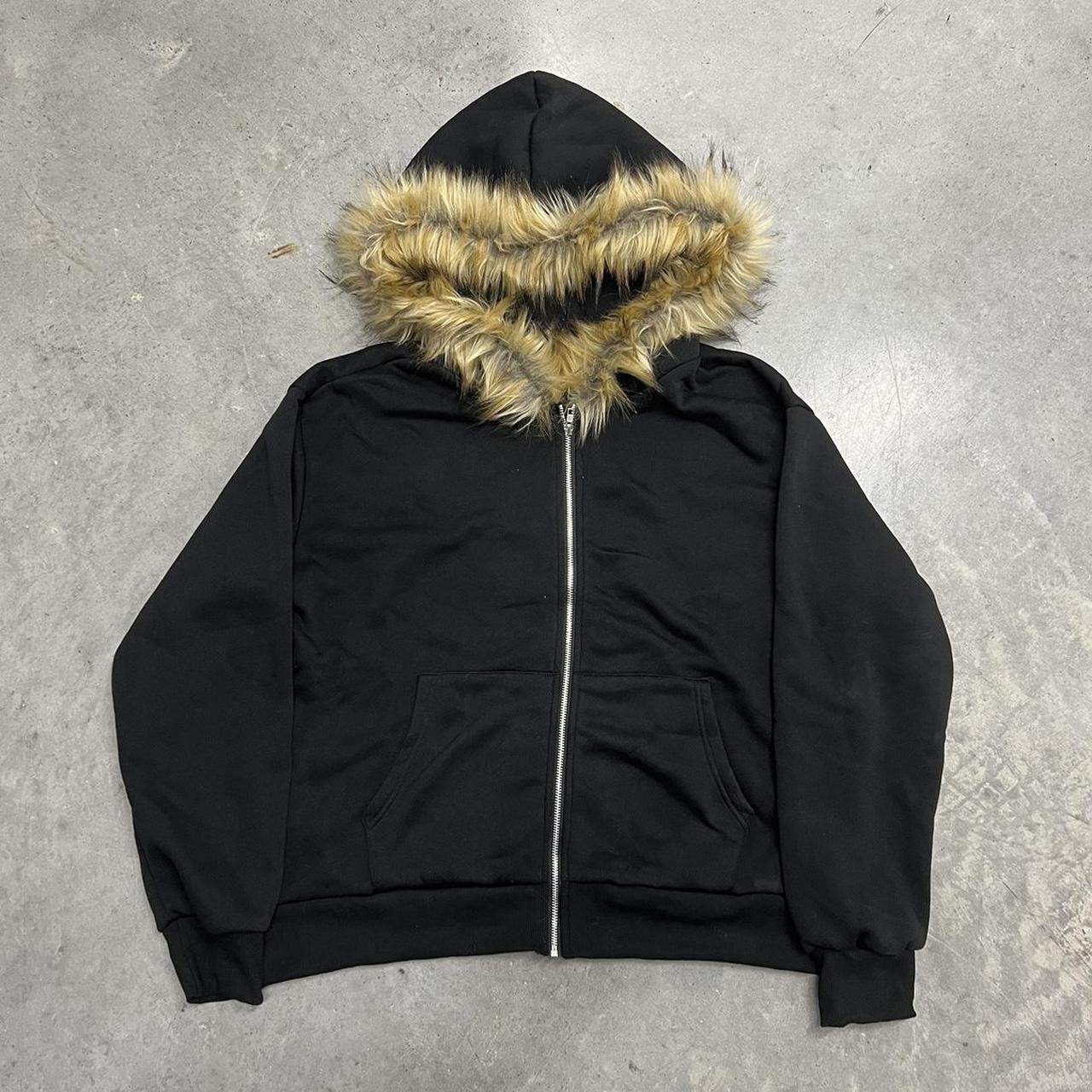 Black fur lined hoodie TTS Cozy and good quality... | Depop