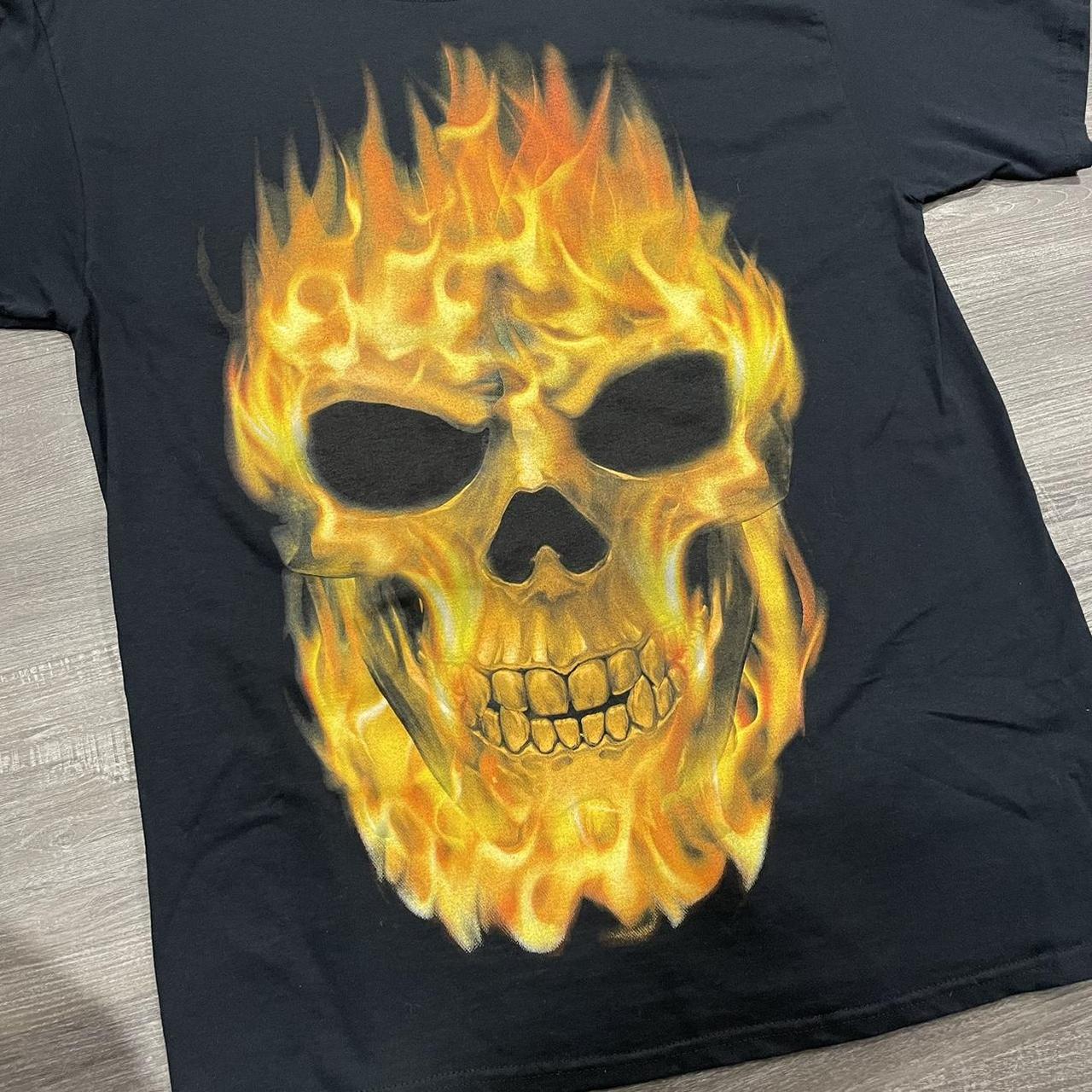 Black Flaming Skull Tee: Size XXL (estimated on... - Depop