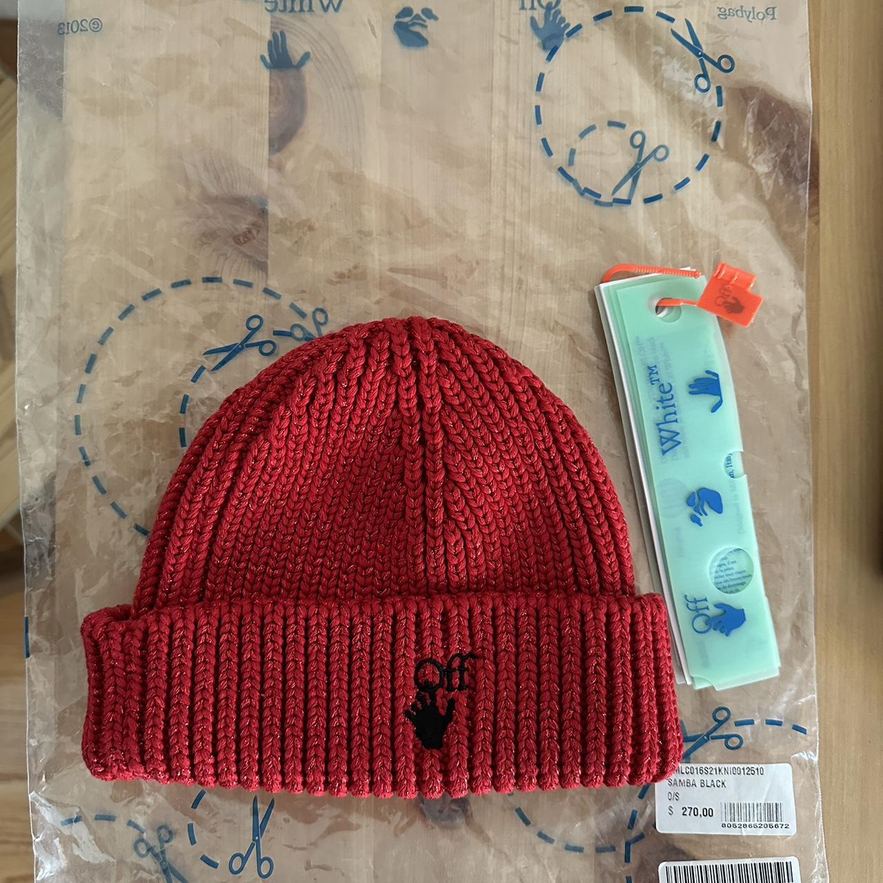 off-white beanie hand off lurex red (with the... - Depop