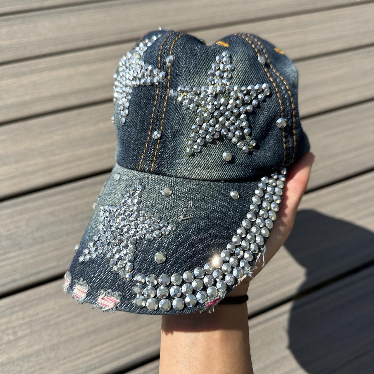 y2k style distressed rhinestone studded cap -... - Depop