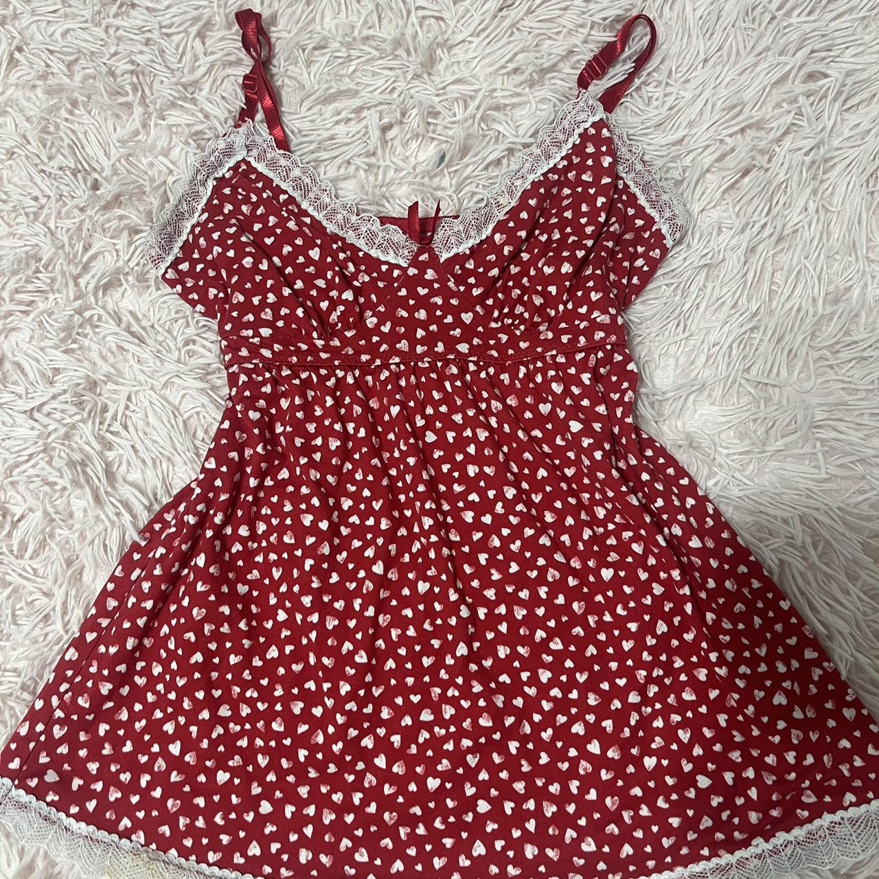 red baby doll top pajama with lace, hearts, and bow - Depop