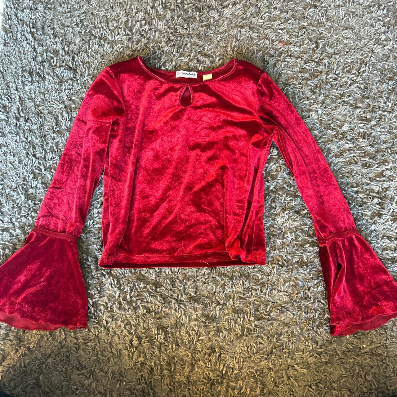women’s medium dark red velvety crop top with big... - Depop