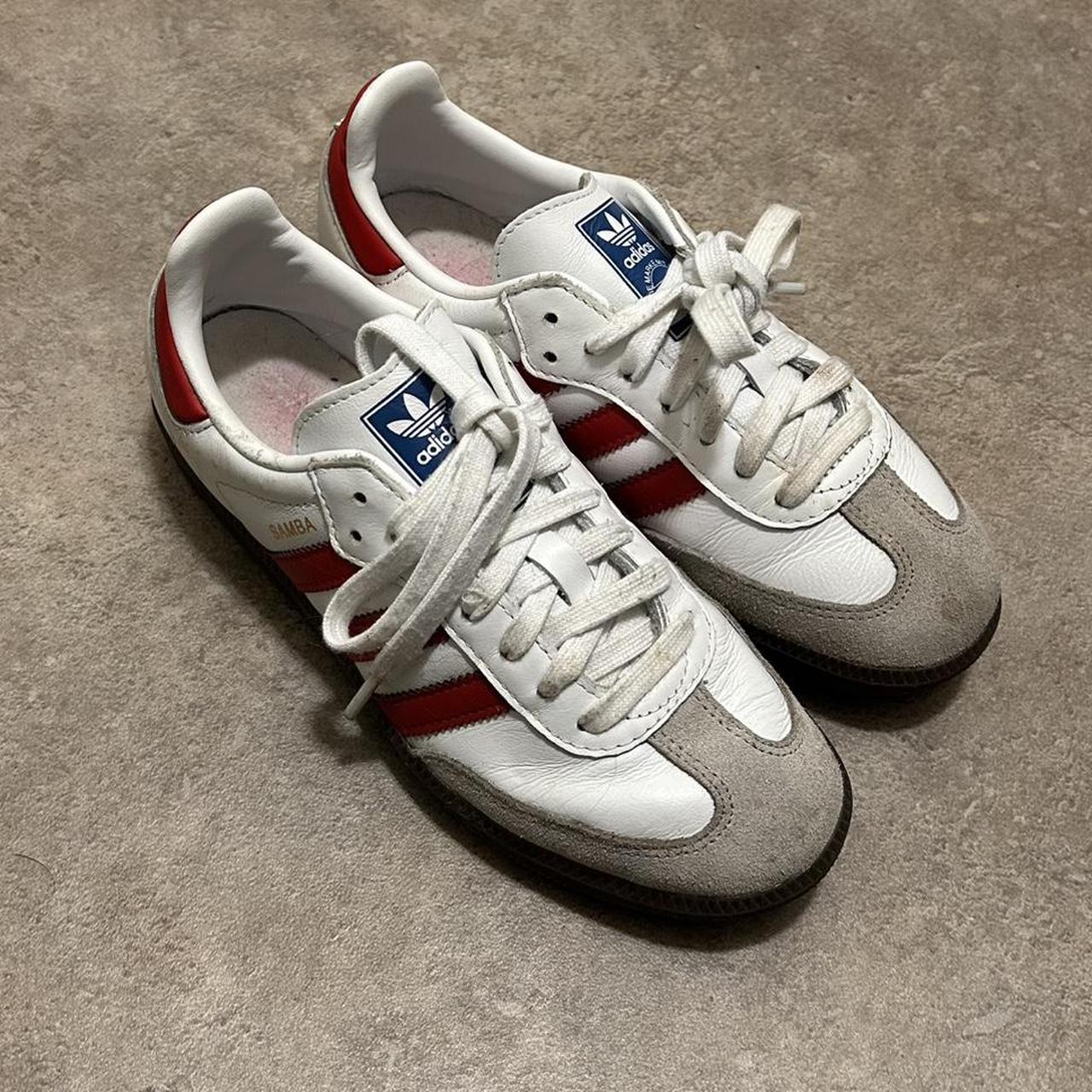 White and red adidas sambas Size 6 | Depop