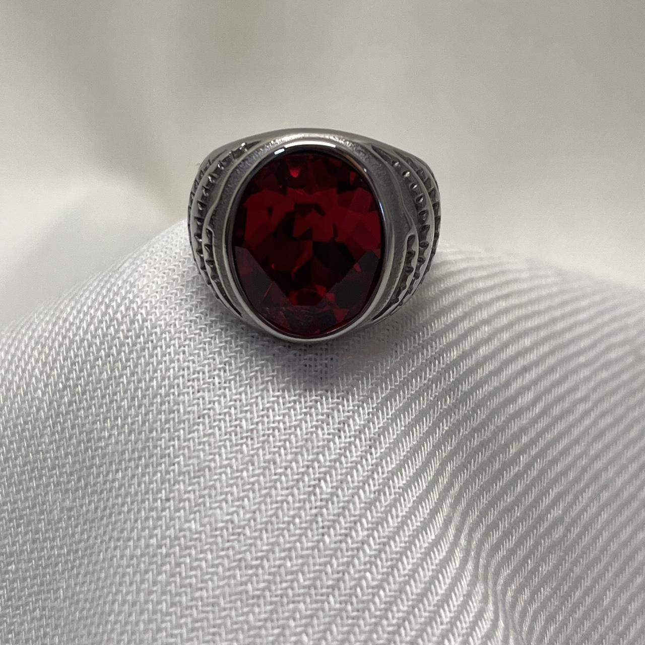 New men’s stainless steel ring with red crystal size... - Depop