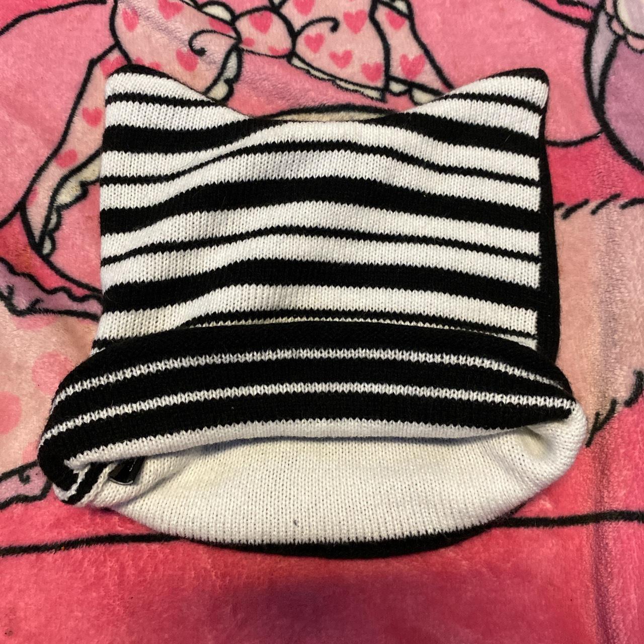 y2k black & white striped bunny eared beanie 🐰... - Depop