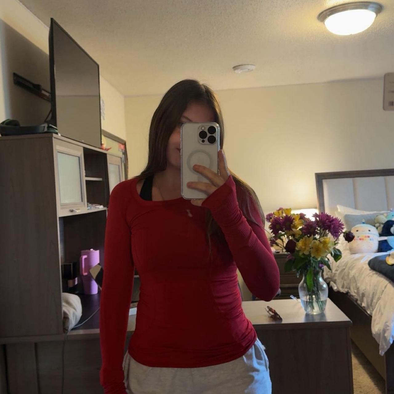 Red swiftly tech long sleve by lululemon! Size 2, no... | Depop