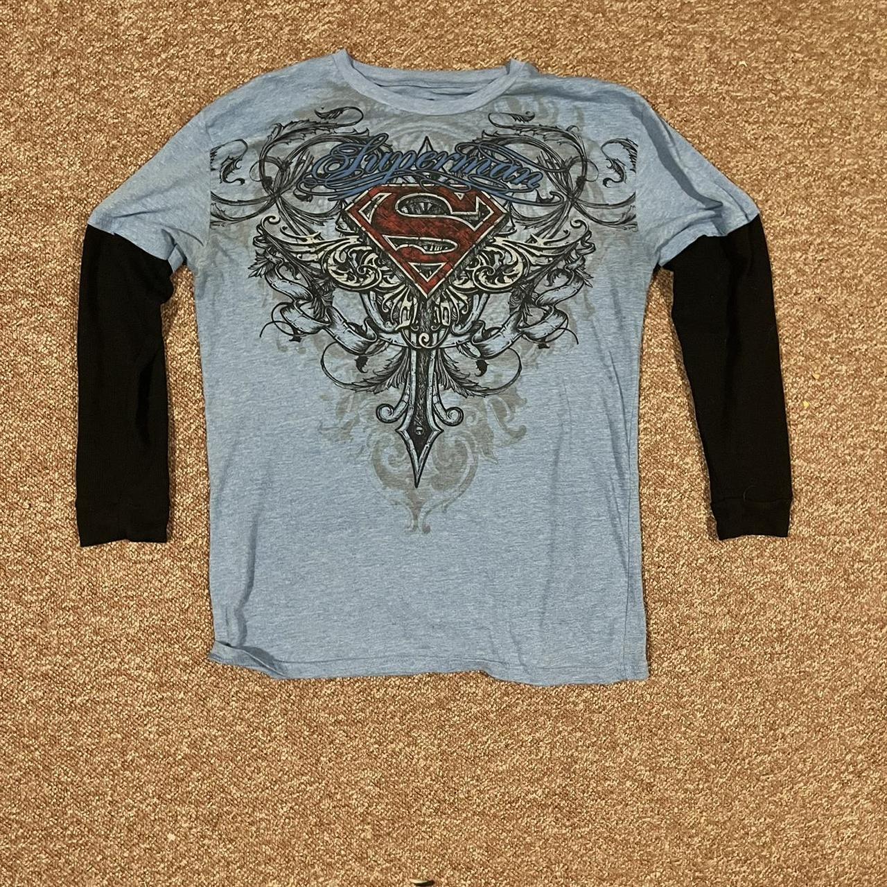 y2k affliction style superman long sleeve large no... - Depop