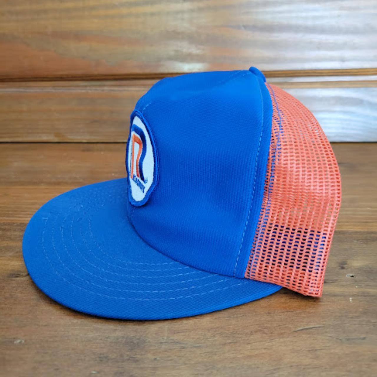 Vintage Roadway Blue Trucker Hat with Orange mesh... - Depop