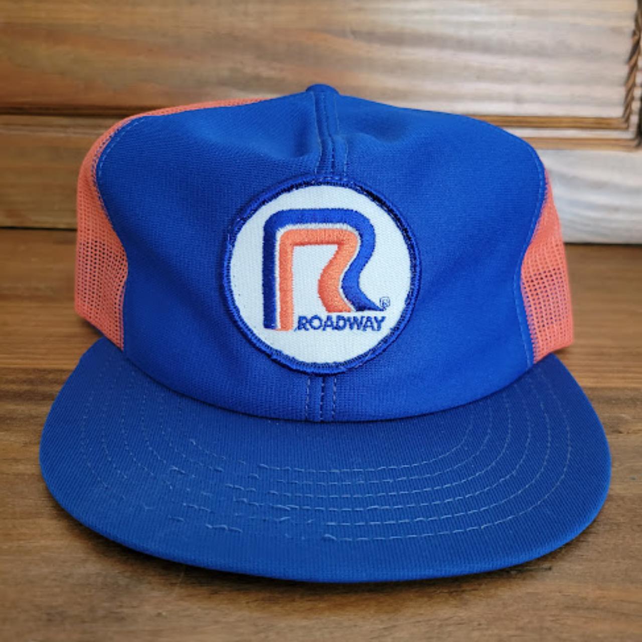 Vintage Roadway Blue Trucker Hat with Orange mesh... - Depop