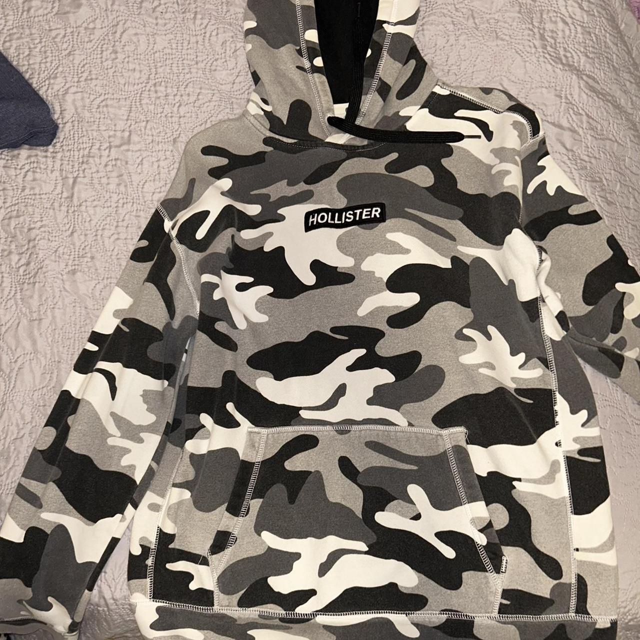 large mens Hollister black and white camo hoodie,... - Depop