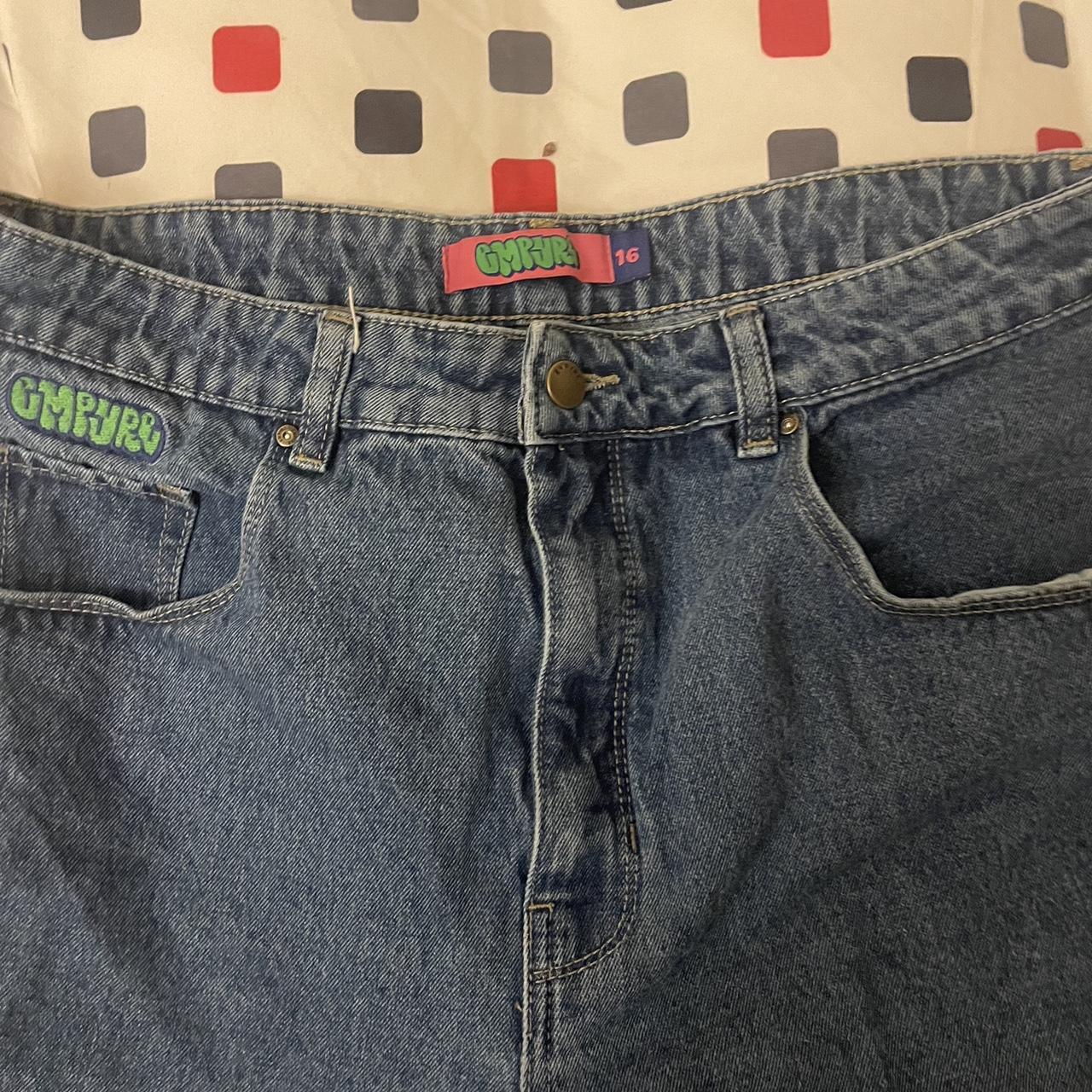 Blue and white embroidered Empyer dragon jeans size... - Depop