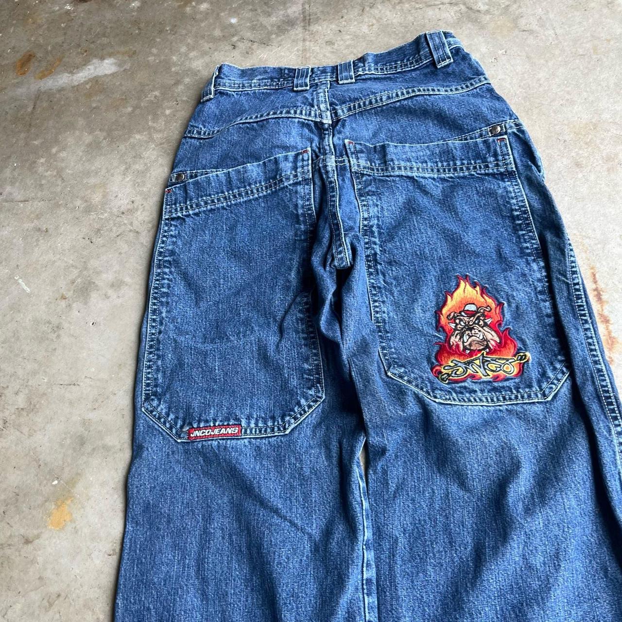 vintage 1990s y2k JNCO Flaming Bulldog Blue Wide Leg... - Depop