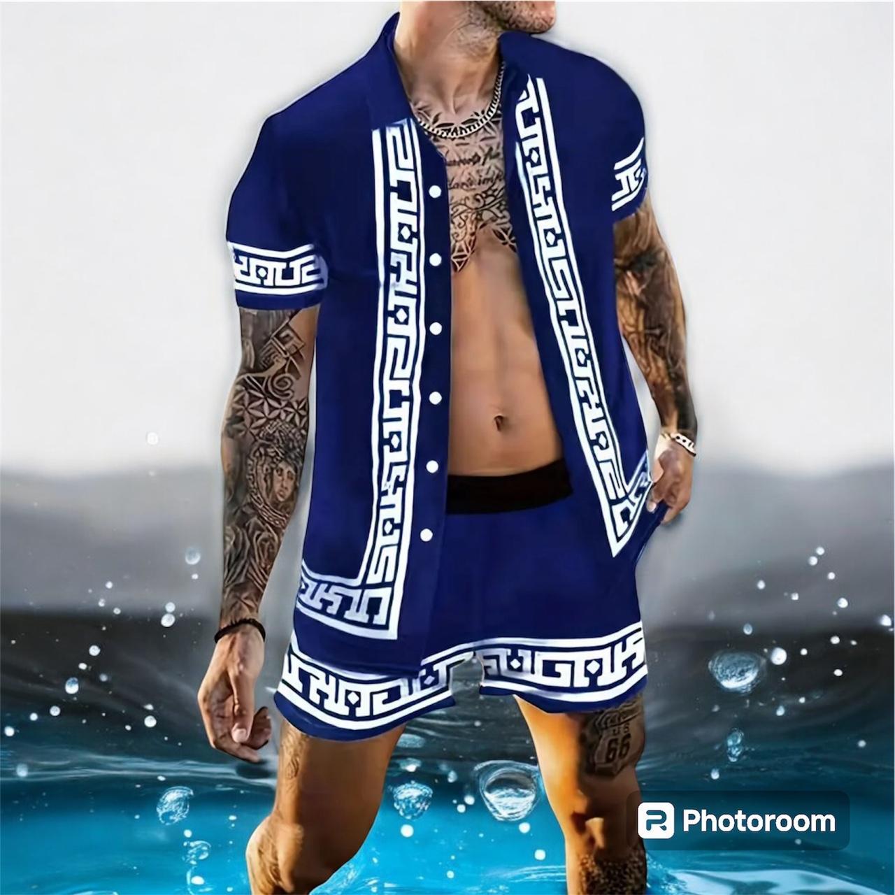 Men's Stylish Pattern Outfit Set, Men's Short Sleeve... - Depop