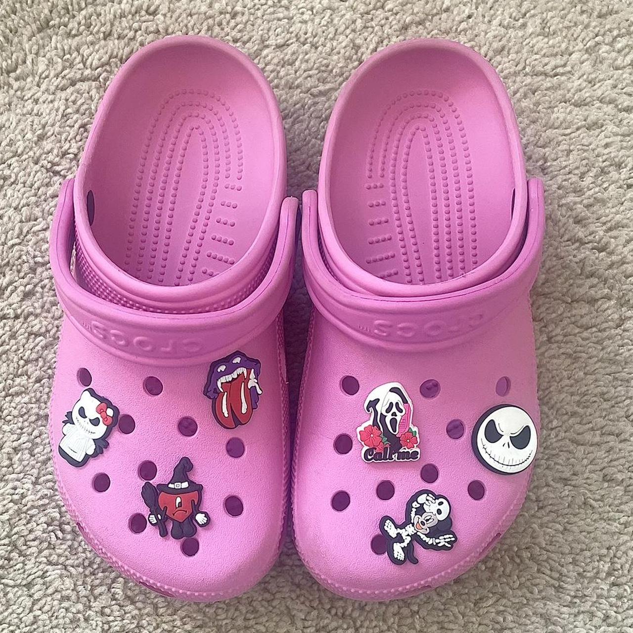 Bubblegum Pink crocs. Including holiday jibbitz seen... - Depop