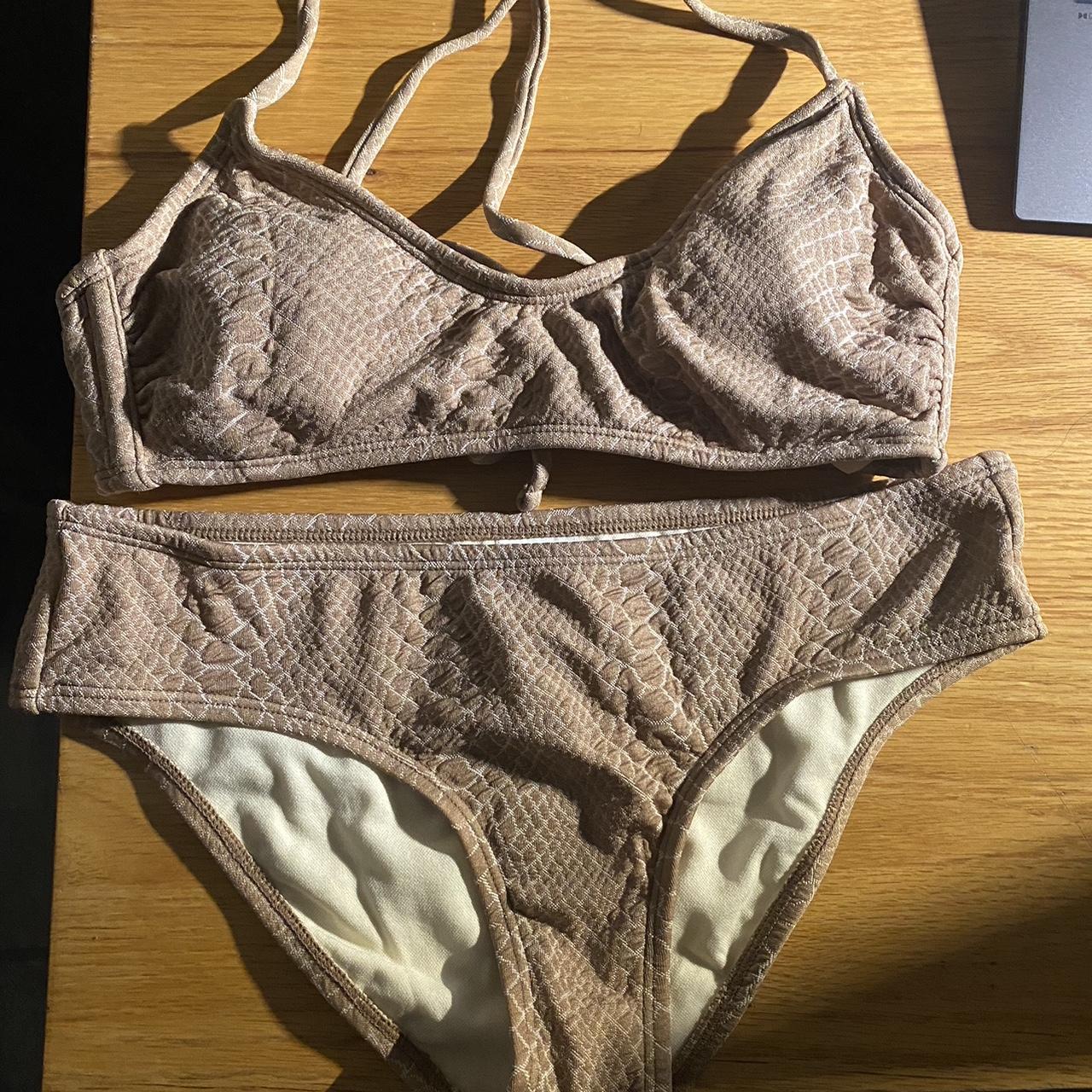 Brown textured 2 piece bathing suit. Top has been... - Depop
