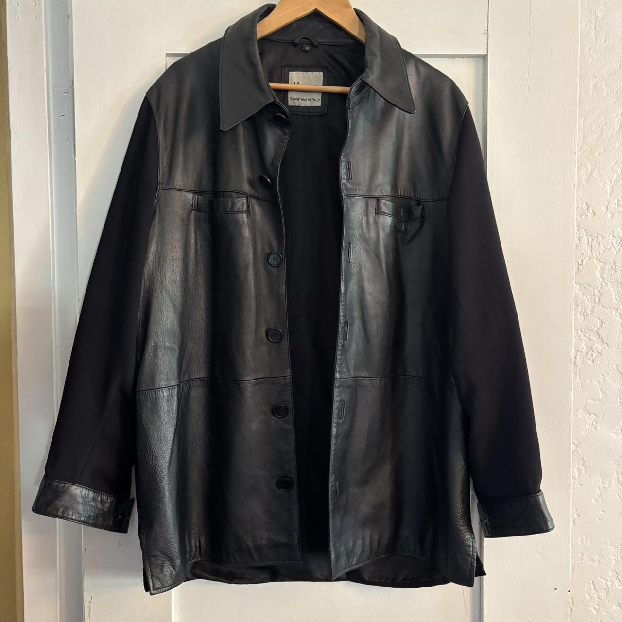 Black leather jacket with pockets and button down... - Depop