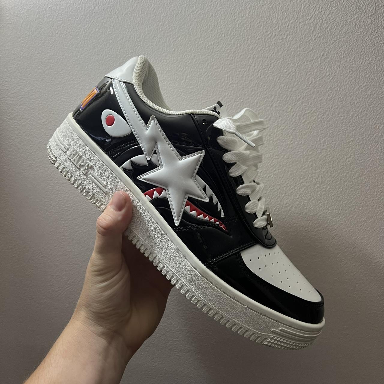 Bapesta Shark Black and White. US10. 9.5/10... - Depop