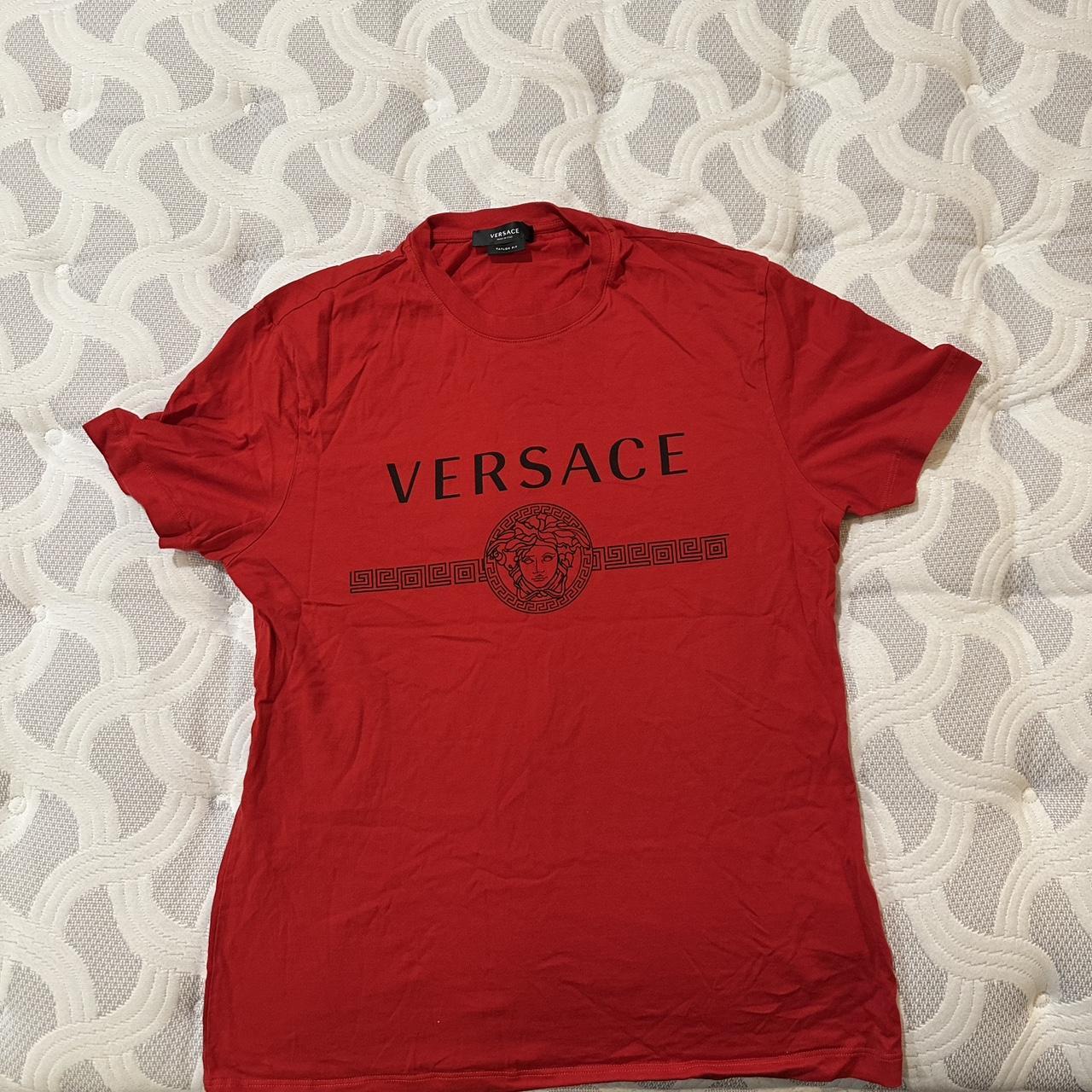 Versace Taylor Knit Logo Tee Red *Authentic* Size... - Depop