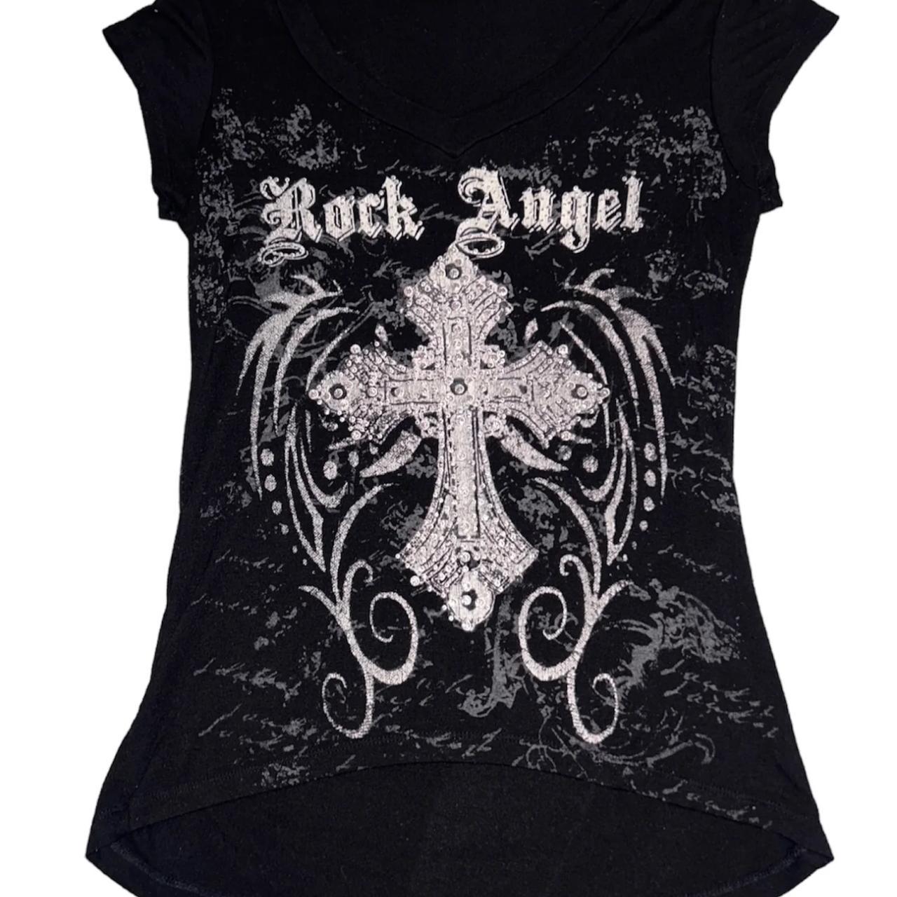 Rock Angel tee Mcbling early 2000s bedazzled cross... - Depop