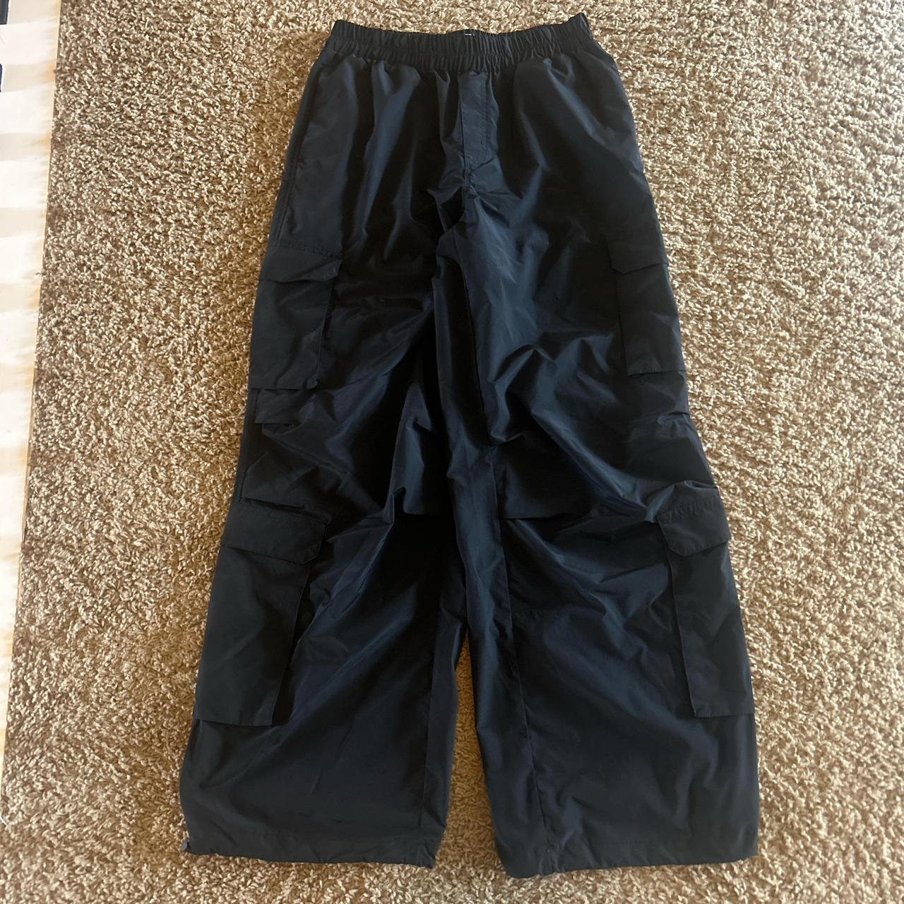 double pocket wide leg black polyester cargo pants... - Depop