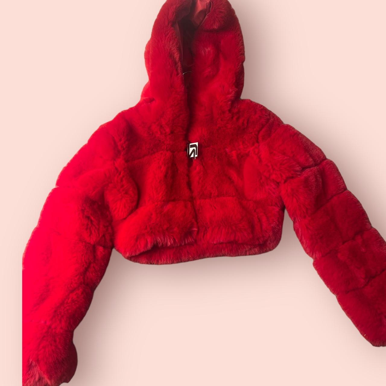 Shane Justin Red Crop Puffer Fur Jacket Bought for... - Depop